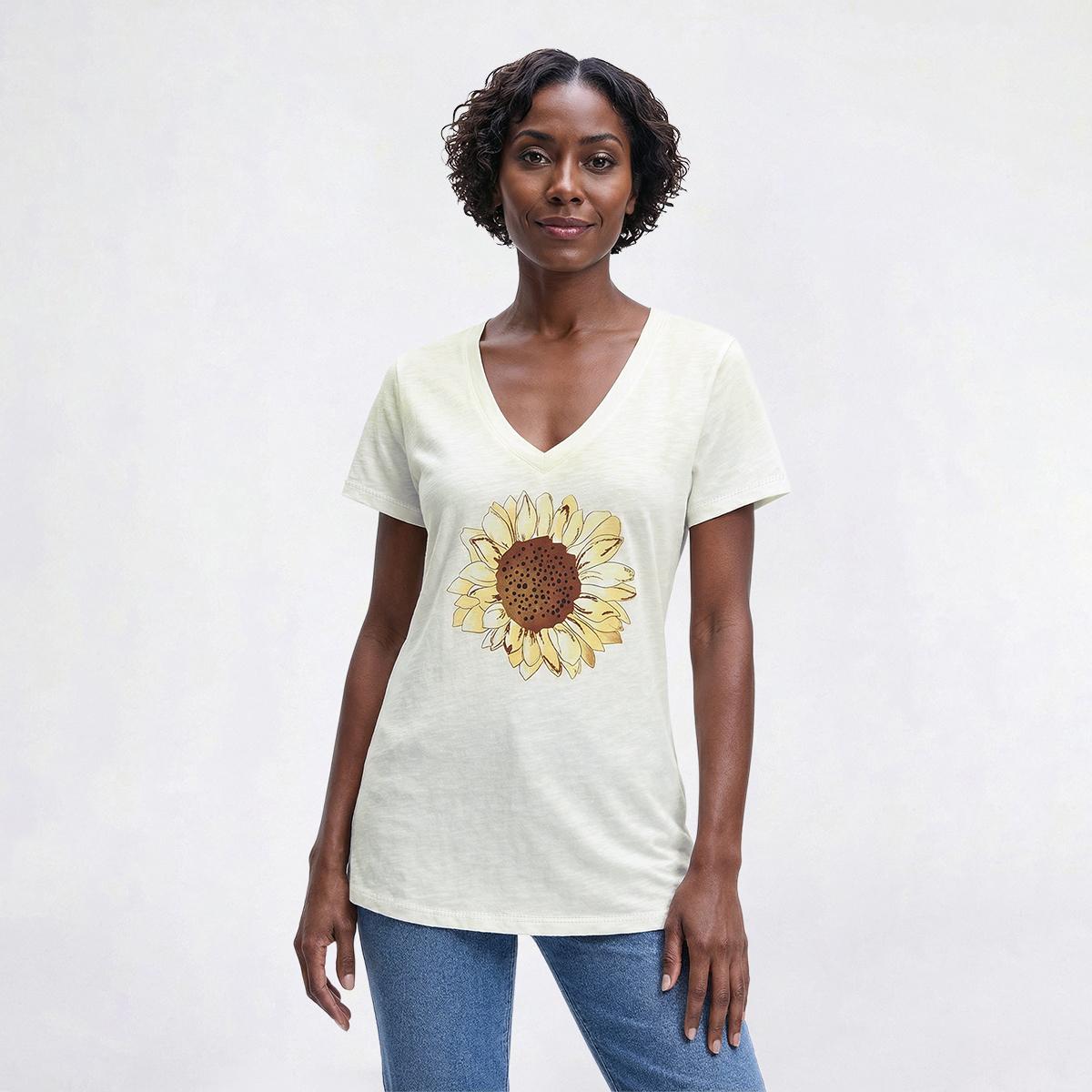 Click here for Petite Mountain Ridge Short Sleeve V-Neck Sunflowe... prices